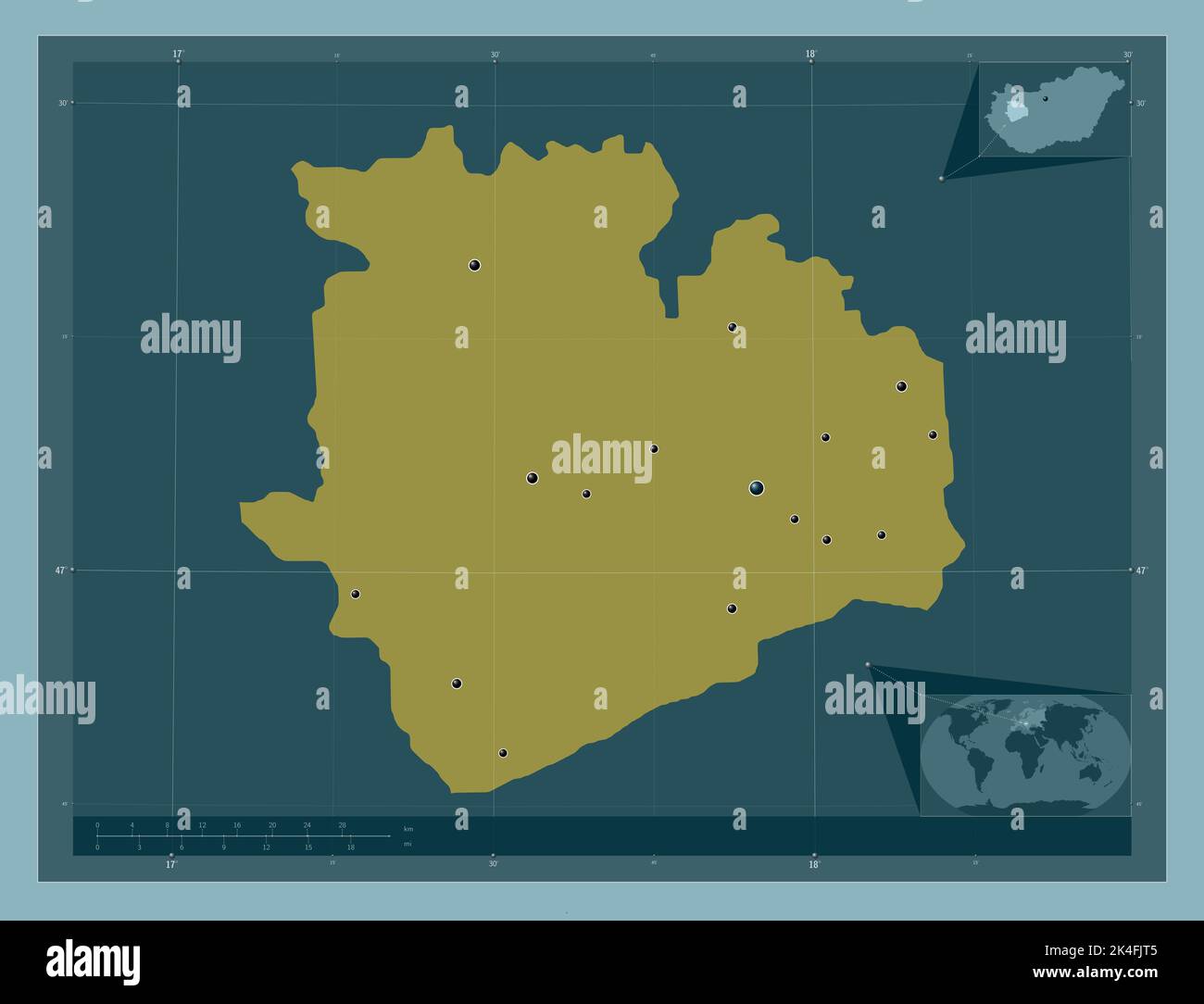 Veszprem, county of Hungary. Solid color shape. Locations of major ...