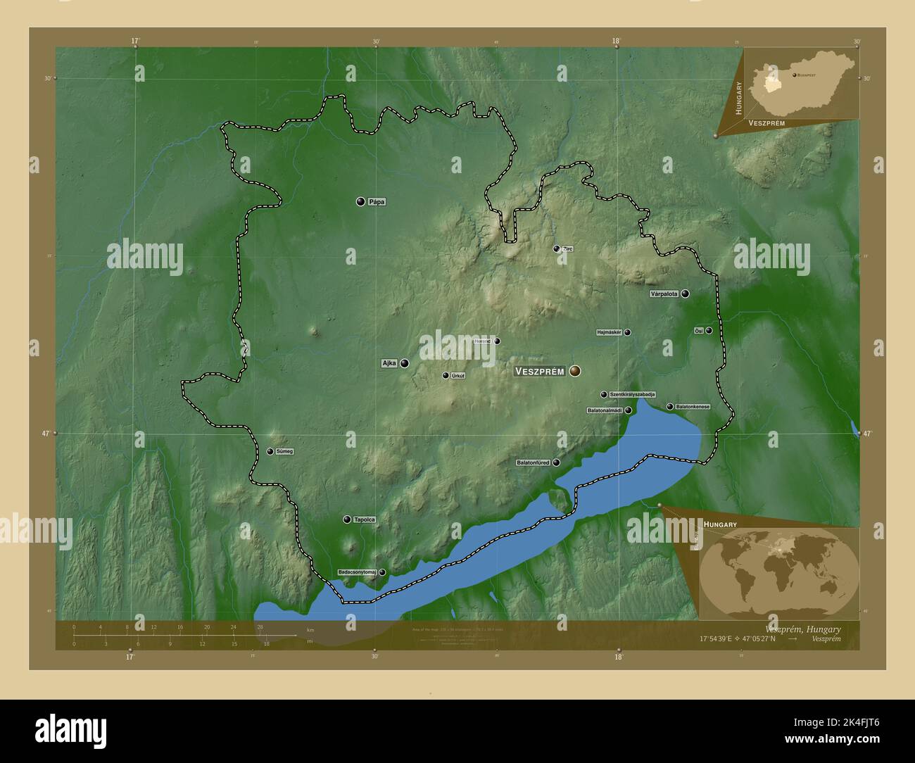 Veszprem, county of Hungary. Colored elevation map with lakes and ...