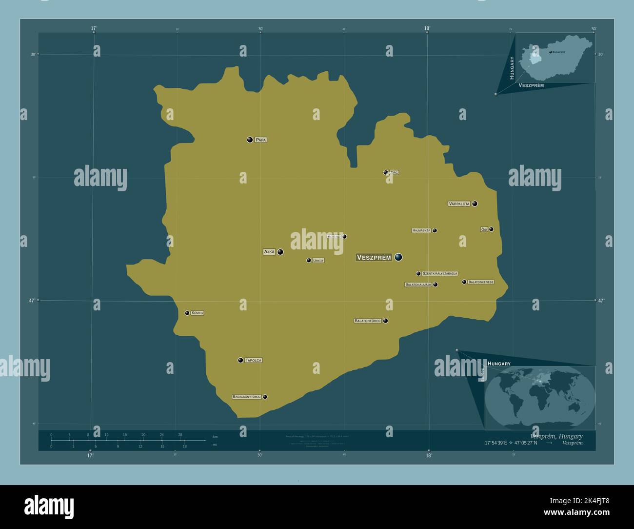 Veszprem, county of Hungary. Solid color shape. Locations and names of ...