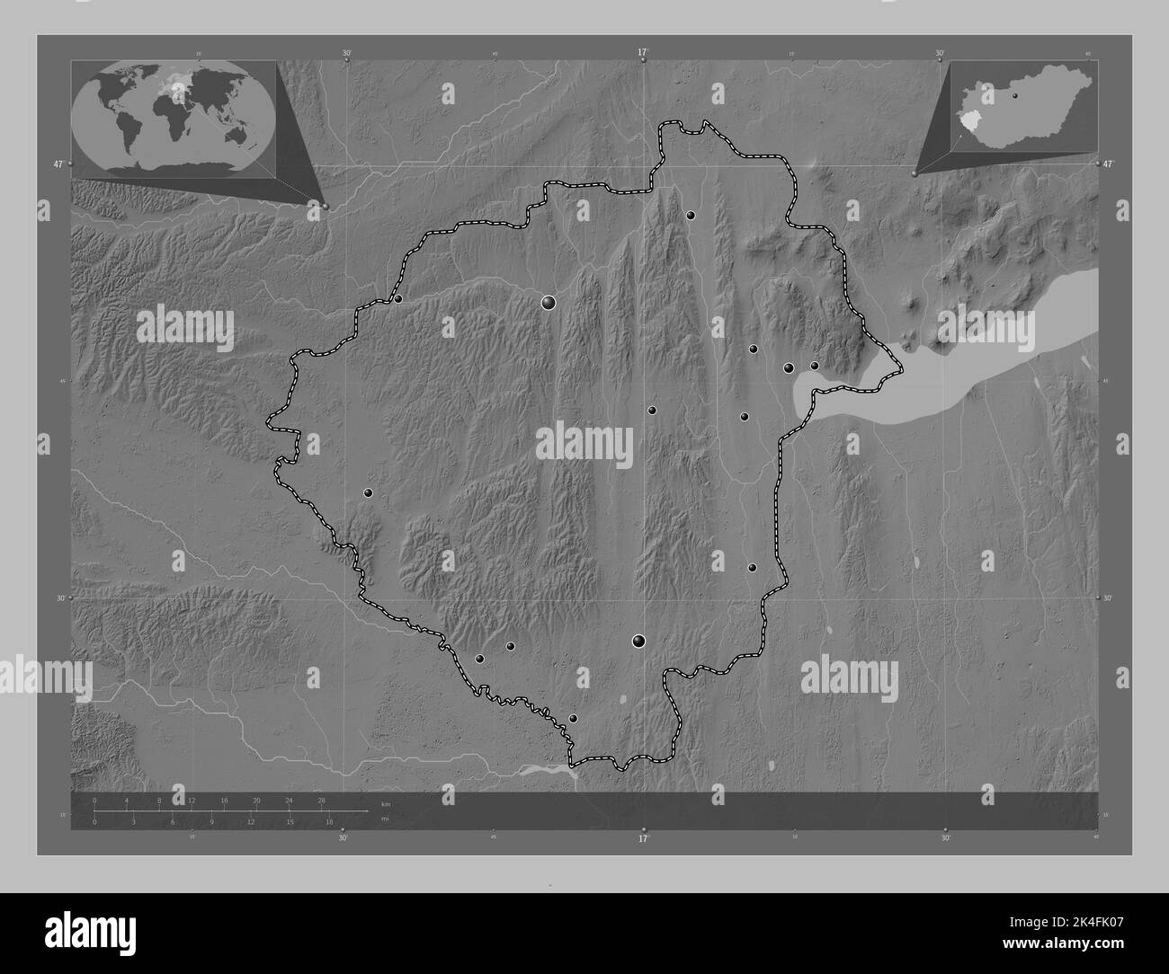 Zala, county of Hungary. Grayscale elevation map with lakes and rivers ...