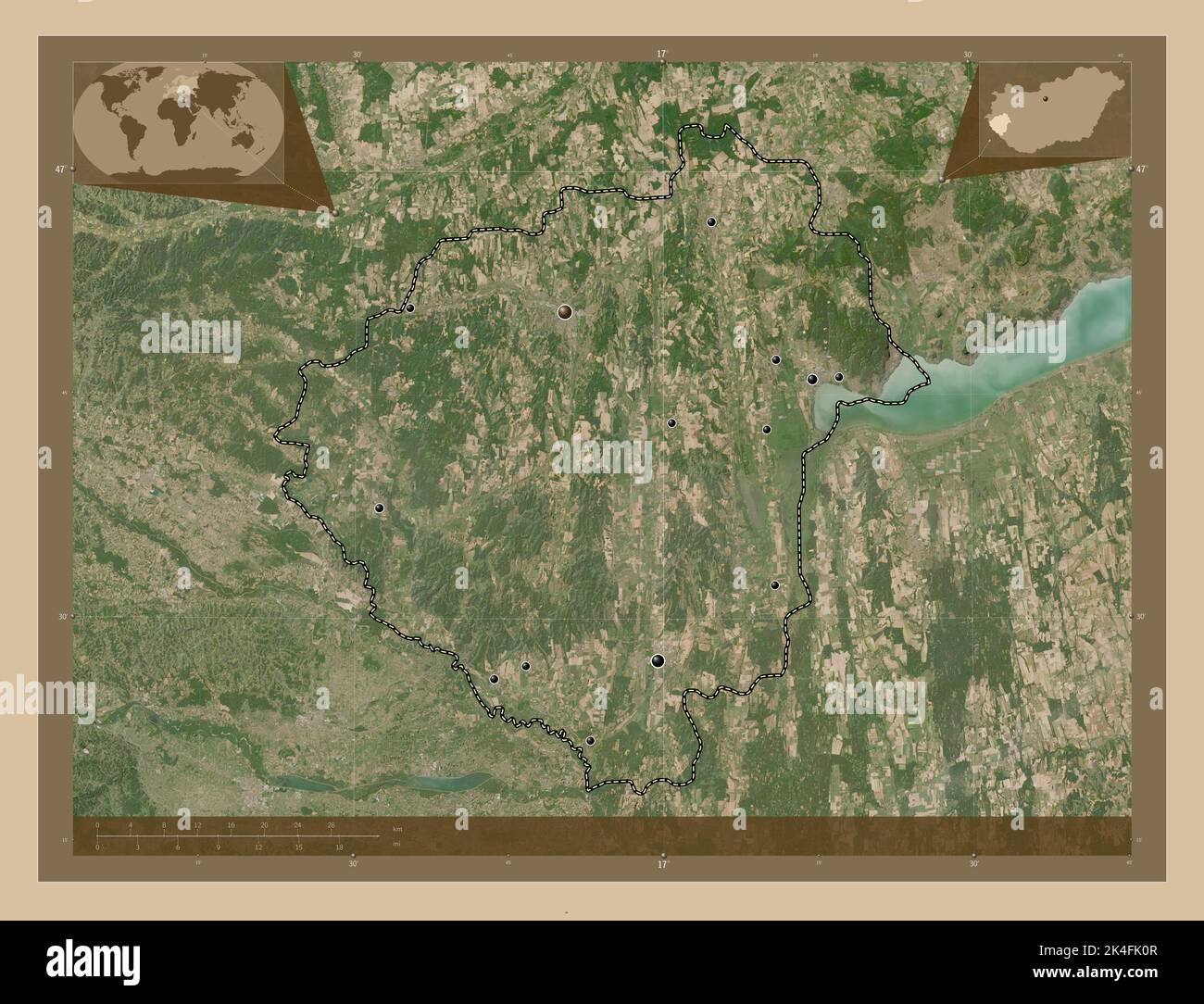 Zala, county of Hungary. Low resolution satellite map. Locations of ...