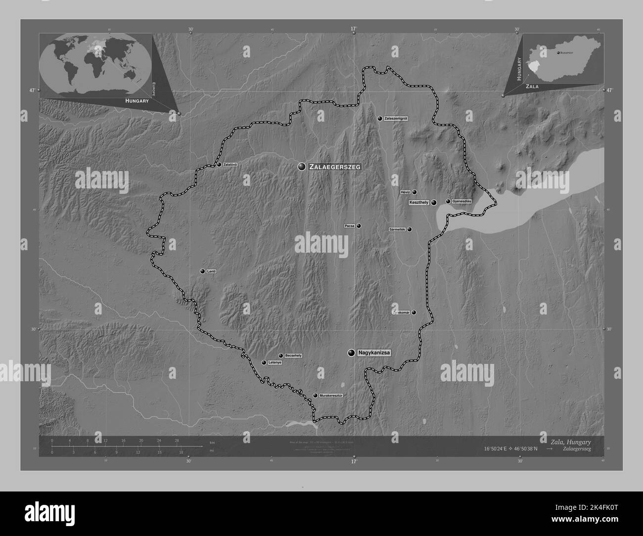 Zala, county of Hungary. Grayscale elevation map with lakes and rivers ...