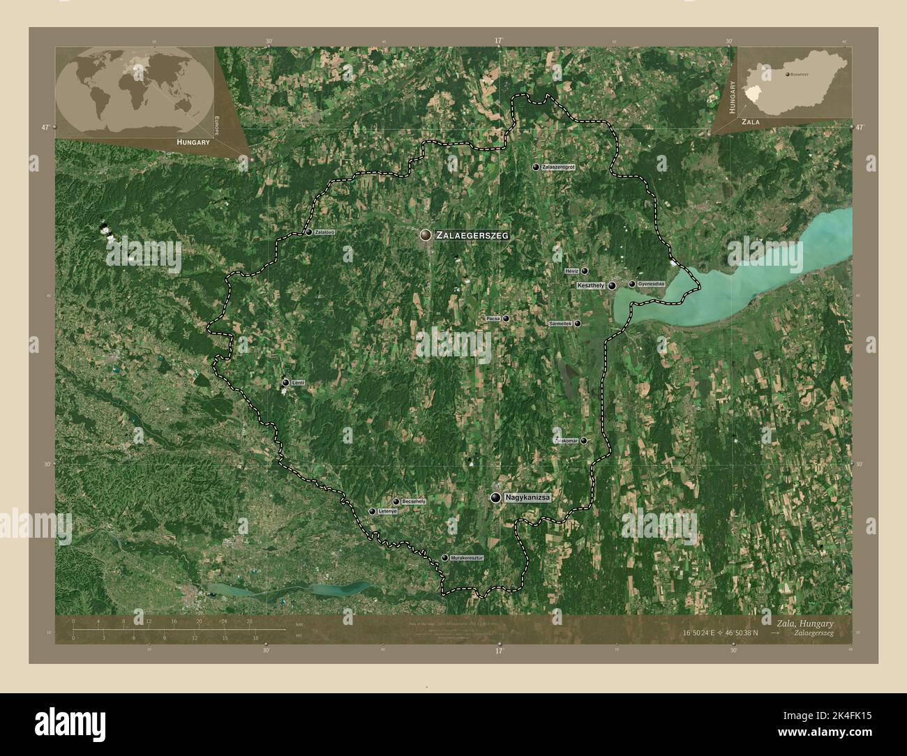 Zala, county of Hungary. High resolution satellite map. Locations and ...