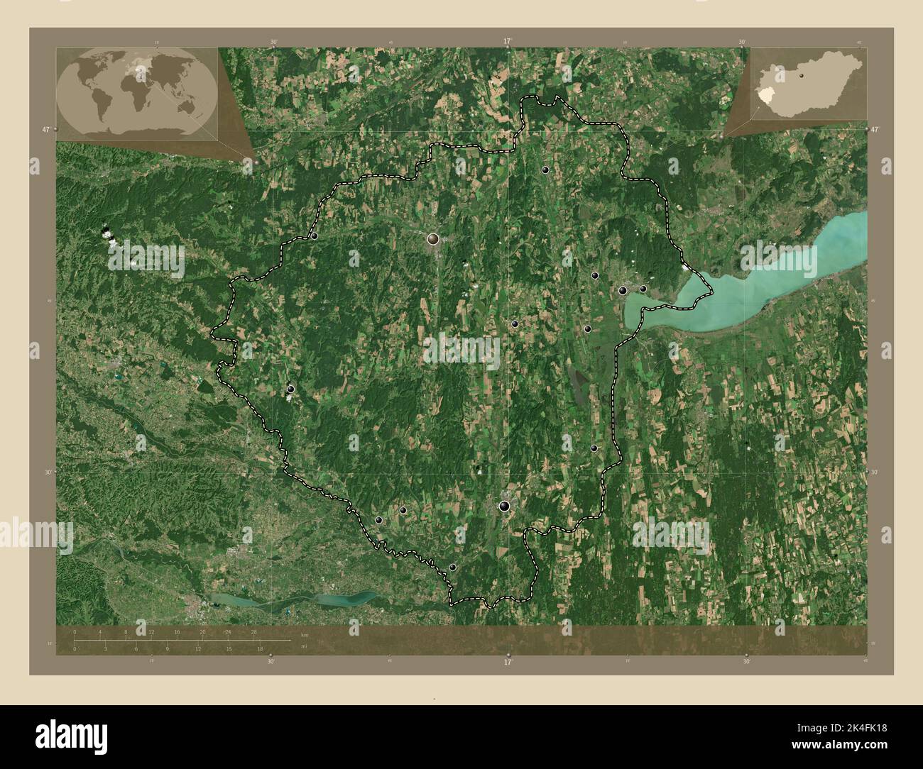 Zala, county of Hungary. High resolution satellite map. Locations of ...