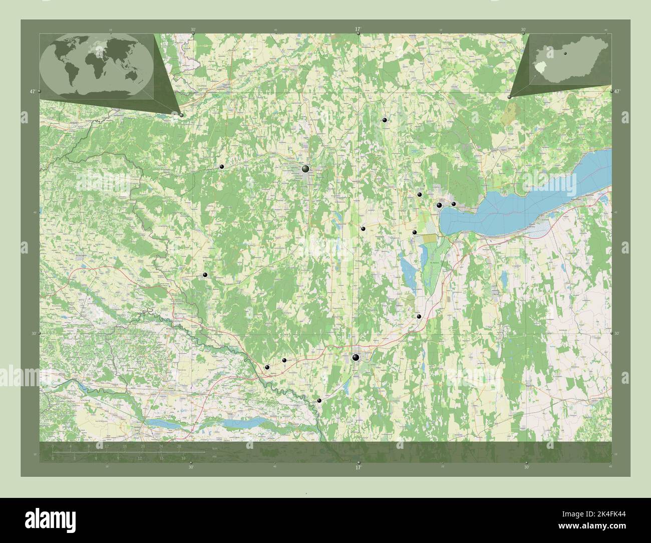 Zala, county of Hungary. Open Street Map. Locations of major cities of ...