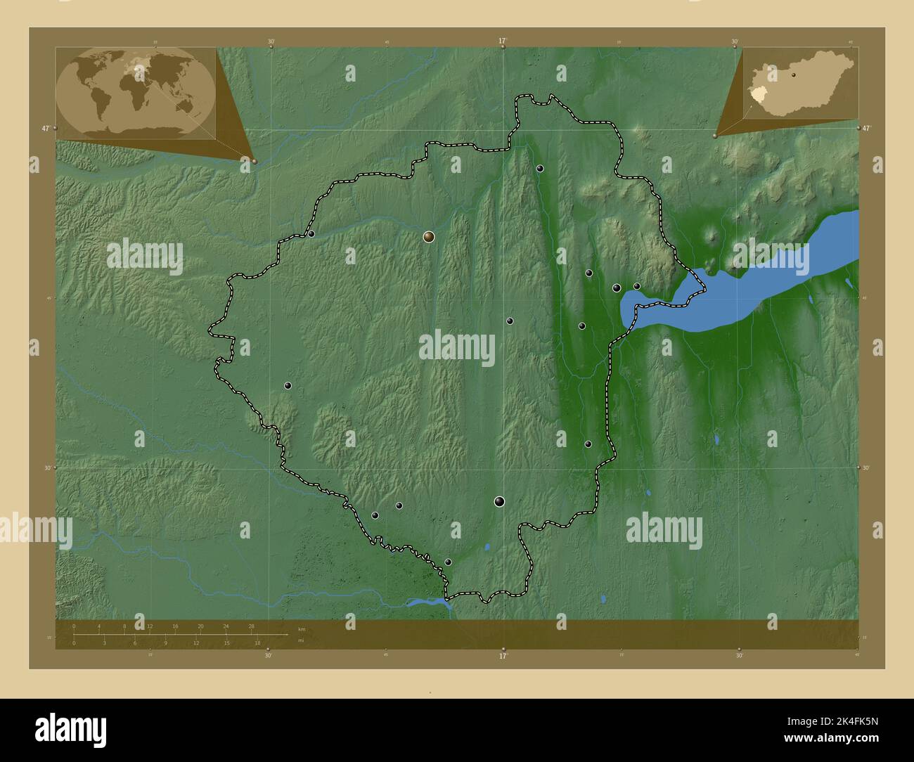 Zala, county of Hungary. Colored elevation map with lakes and rivers ...