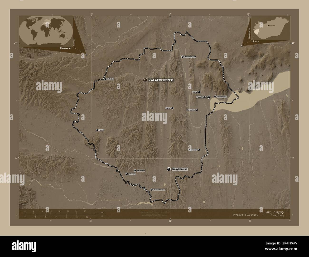 Zala, county of Hungary. Elevation map colored in sepia tones with ...