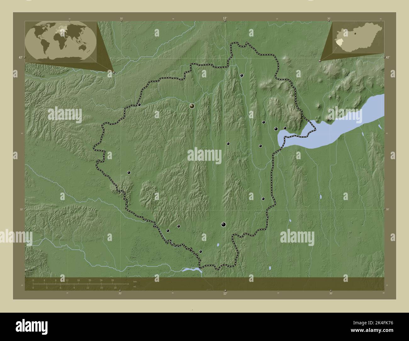 Zala, county of Hungary. Elevation map colored in wiki style with lakes ...