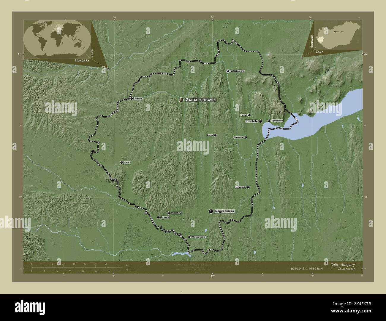 Zala, county of Hungary. Elevation map colored in wiki style with lakes ...