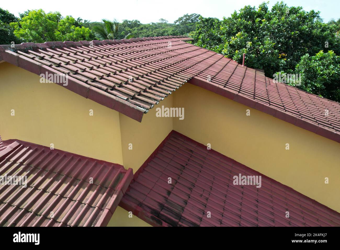 Red tile clay roof on green nature background Stock Photo - Alamy