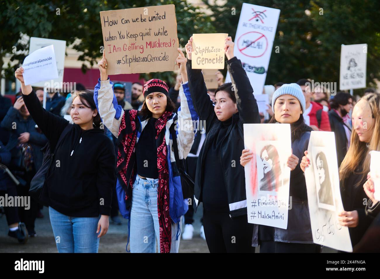 Berlin, Germany. 02nd Oct, 2022. Demonstrators stand on Oranienplatz ...