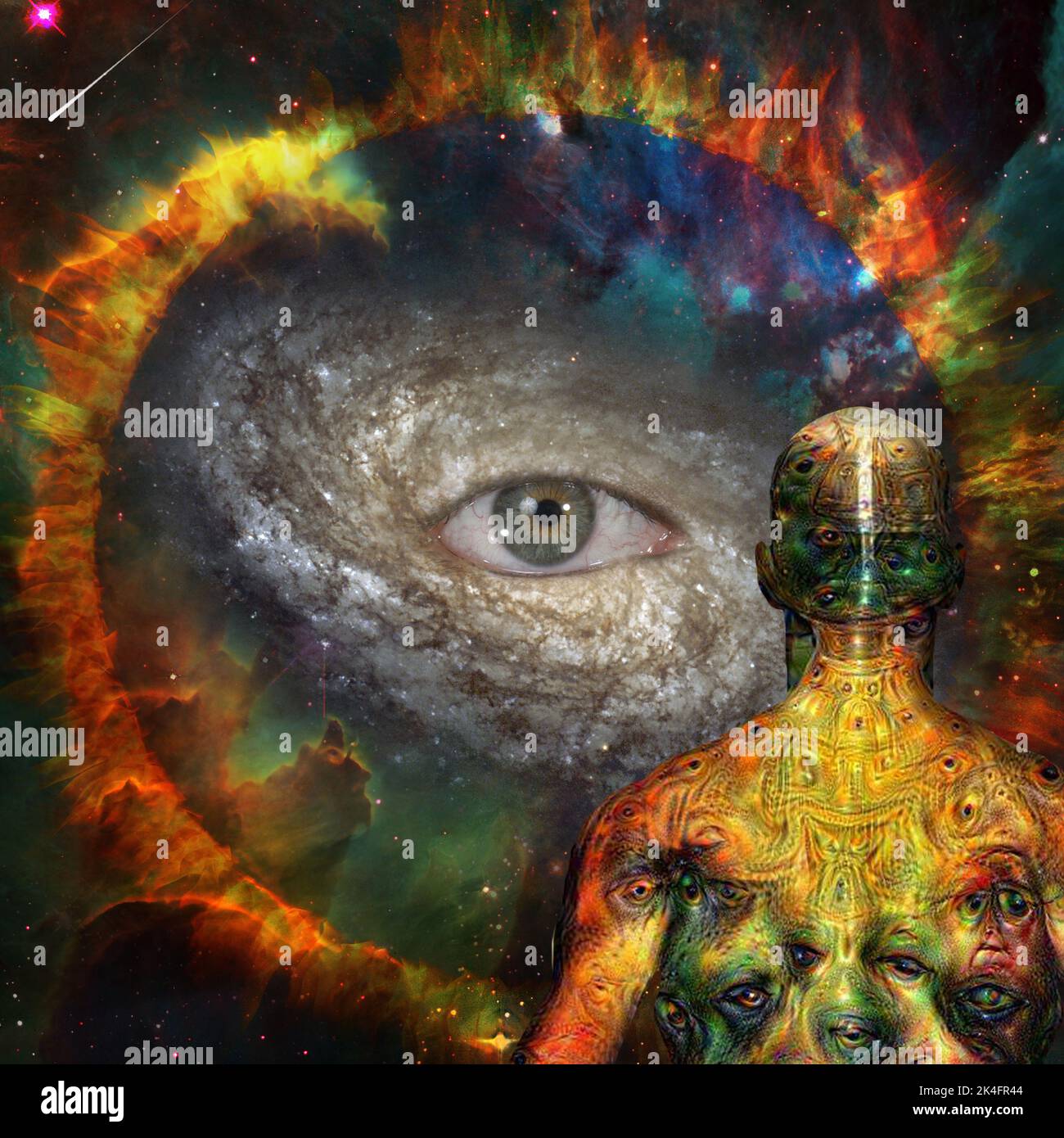 Figure of man with weird demonic eyes on his skin stands before vivid ...