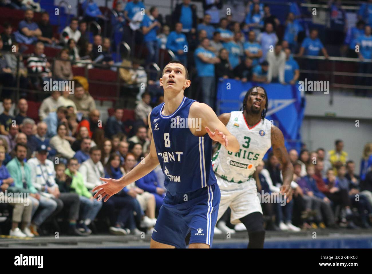Igor Volkhin (No.8) of Zenit and Jalen Reynolds (No.3) of UNICS in ...