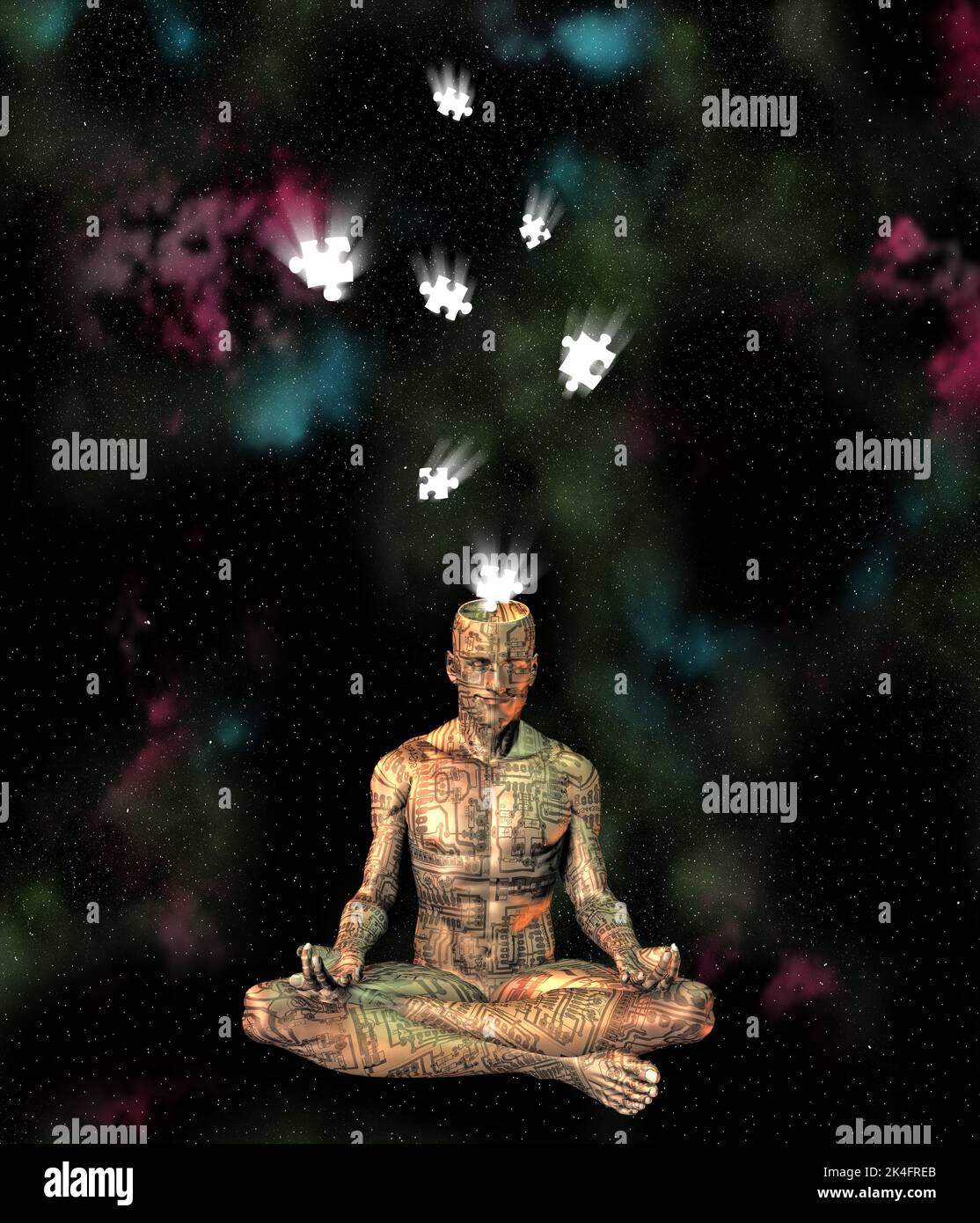 Droid meditates in lotus pose. 3D rendering Stock Photo - Alamy