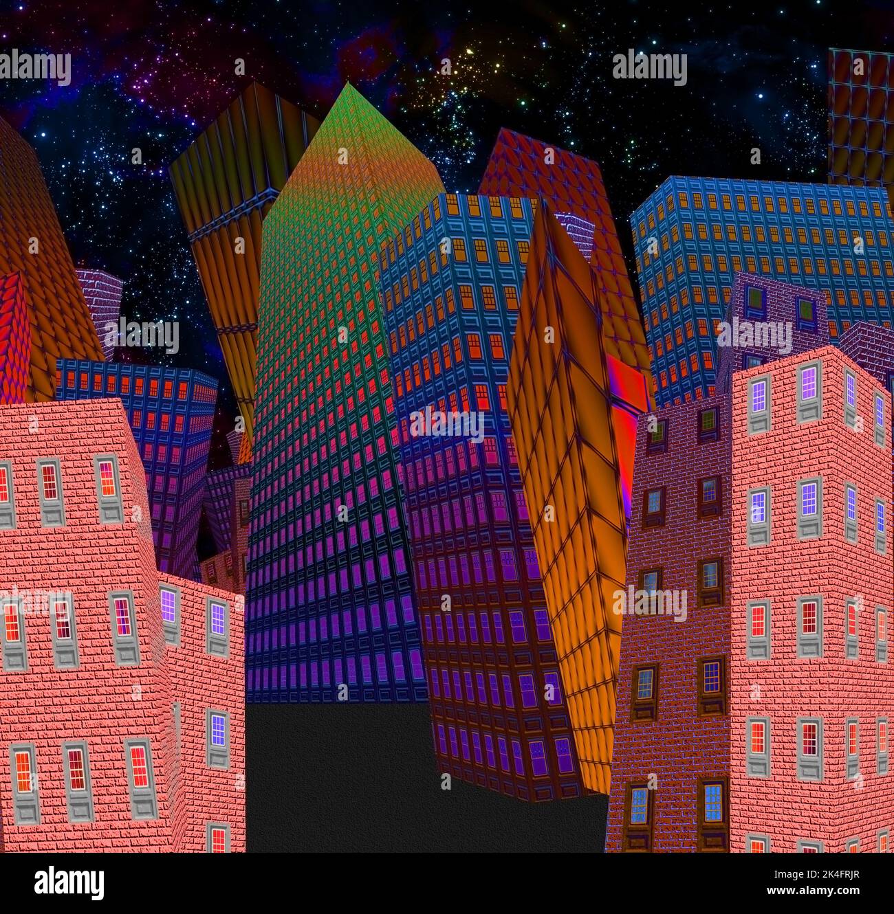 Cartoon drawing. Tilted houses. 3D rendering Stock Photo - Alamy