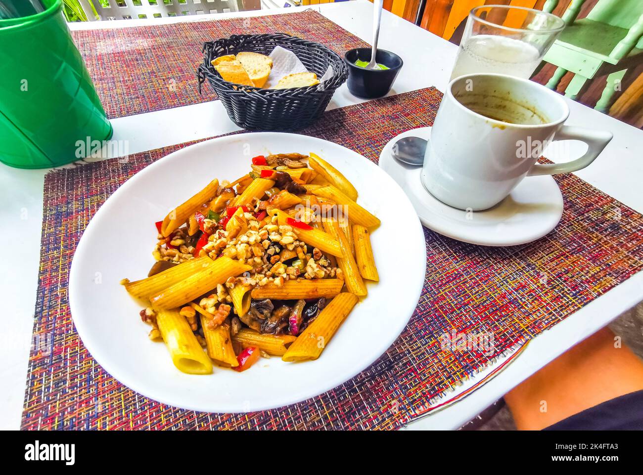 Cup of black americano coffee bread juice dish meal food and drink in ...