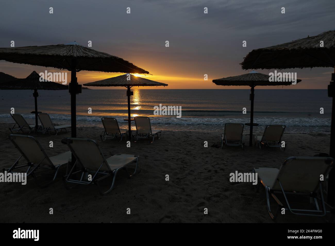 Summer sunrise over Golden Beach (Skala Potamias) in Greece with an ...