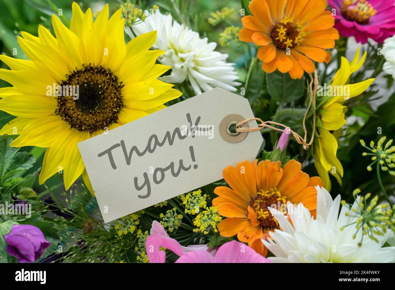 Colorful bouquet of summer flowers with card and english text: Thank ...