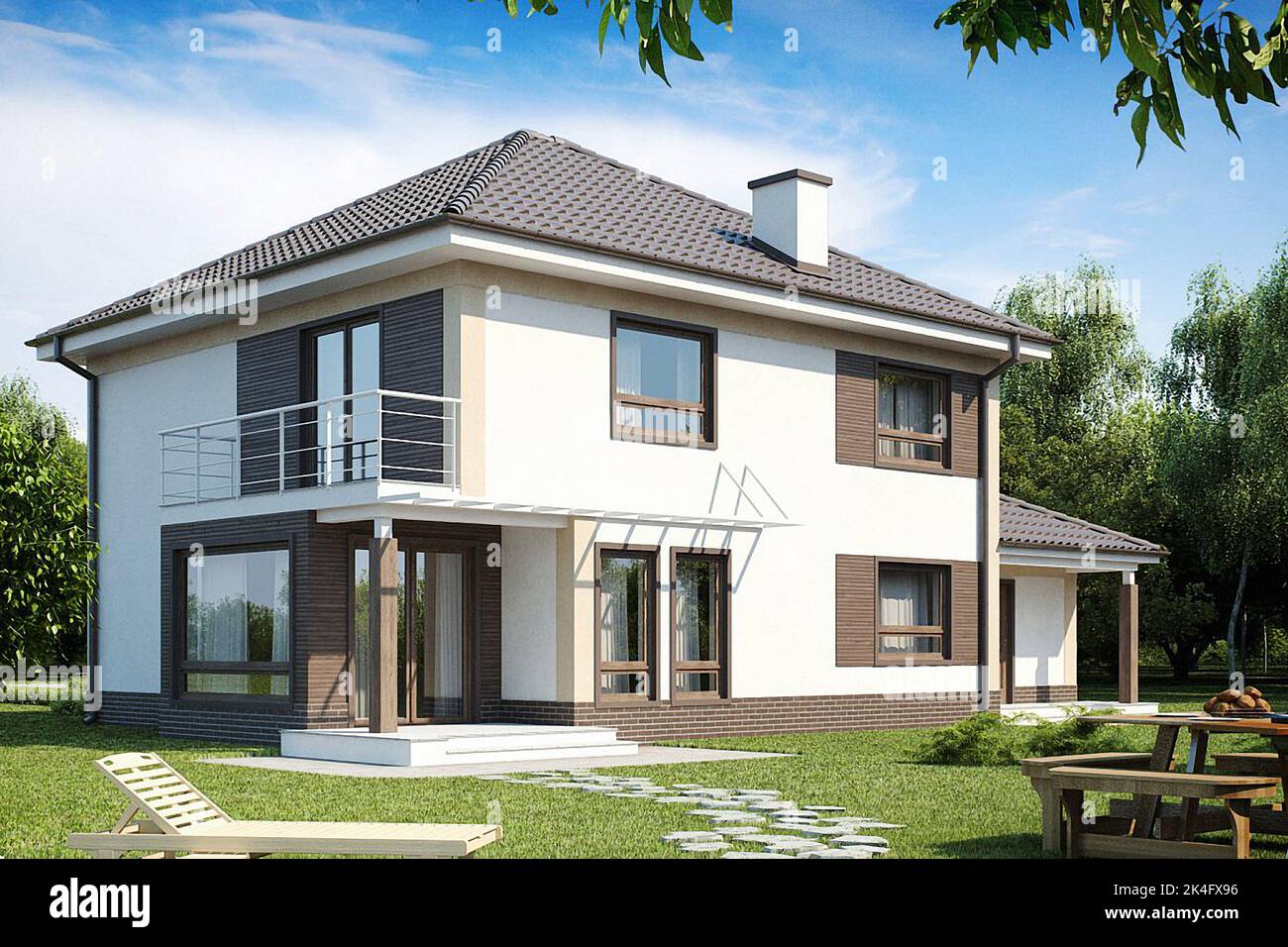 Family rich looking village house with garden, 3d rendering, house ...