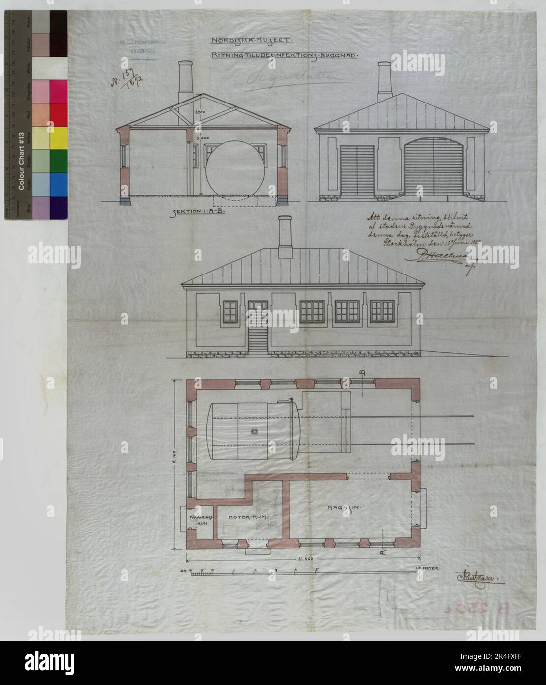 Drawing on weave over the Nordic Museum's building. Drawing for disinfection building. Floor ...