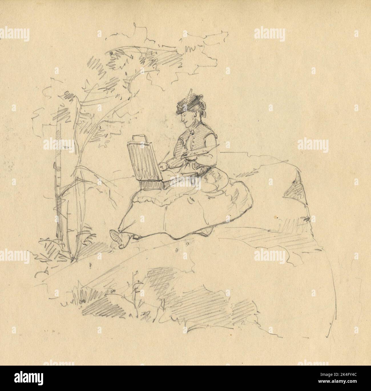 A painting lady in nature. From sketch book by Bertha Wernquist. Nordic ...