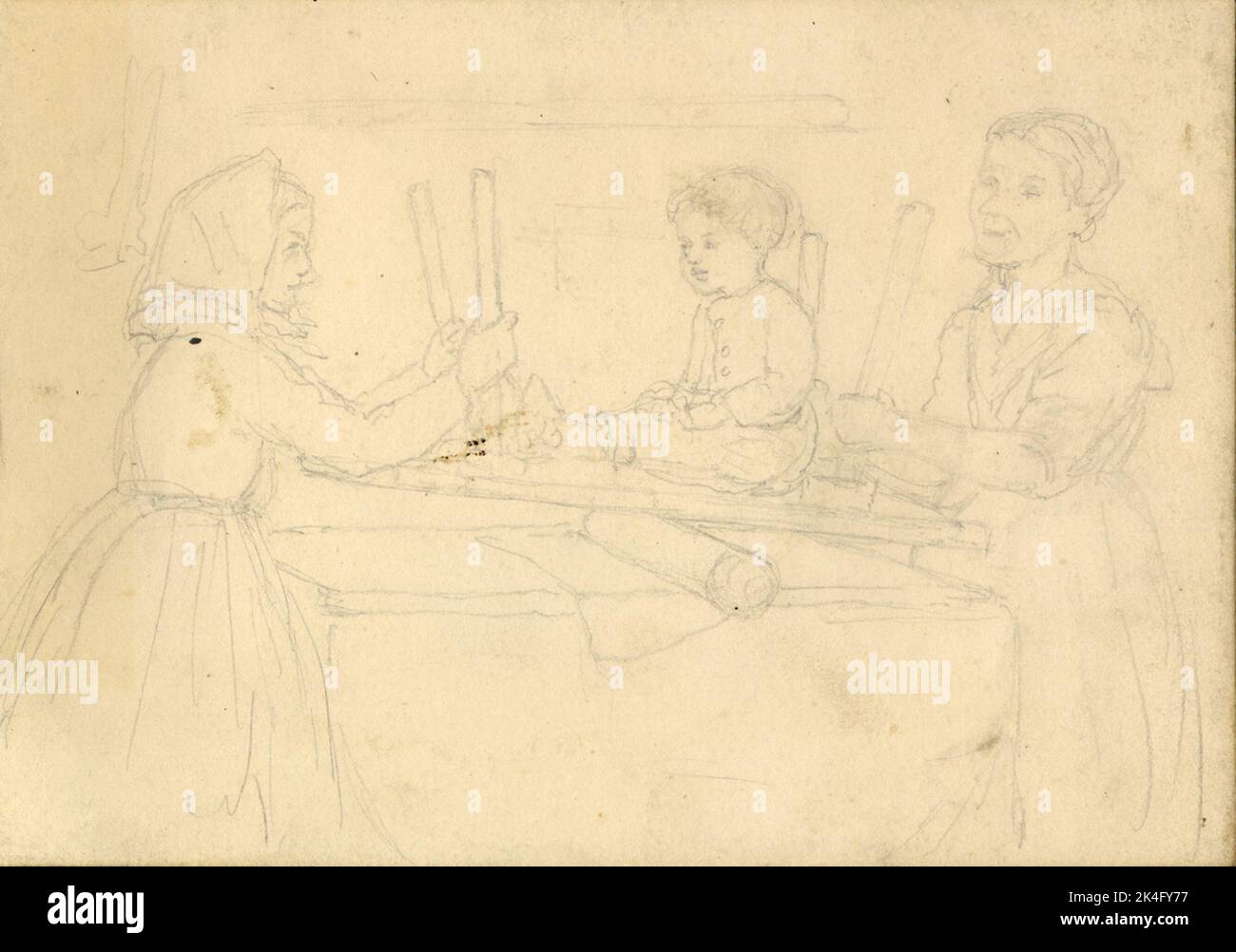Pencil sketch. Two women are missing. A small child sits on the ...