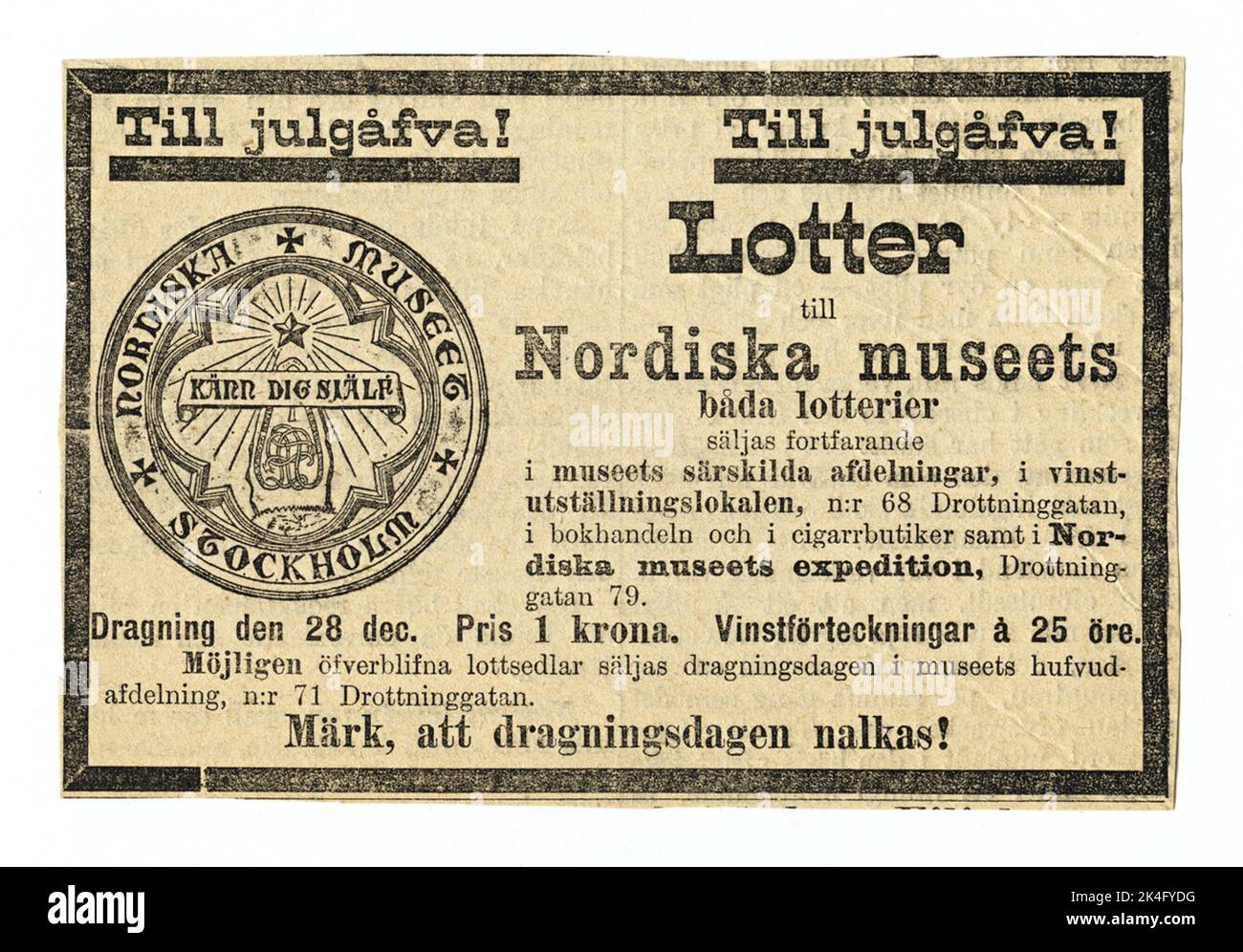 Advertisement for the Nordic Museum's lotteries, 1886. "To Christmas ...