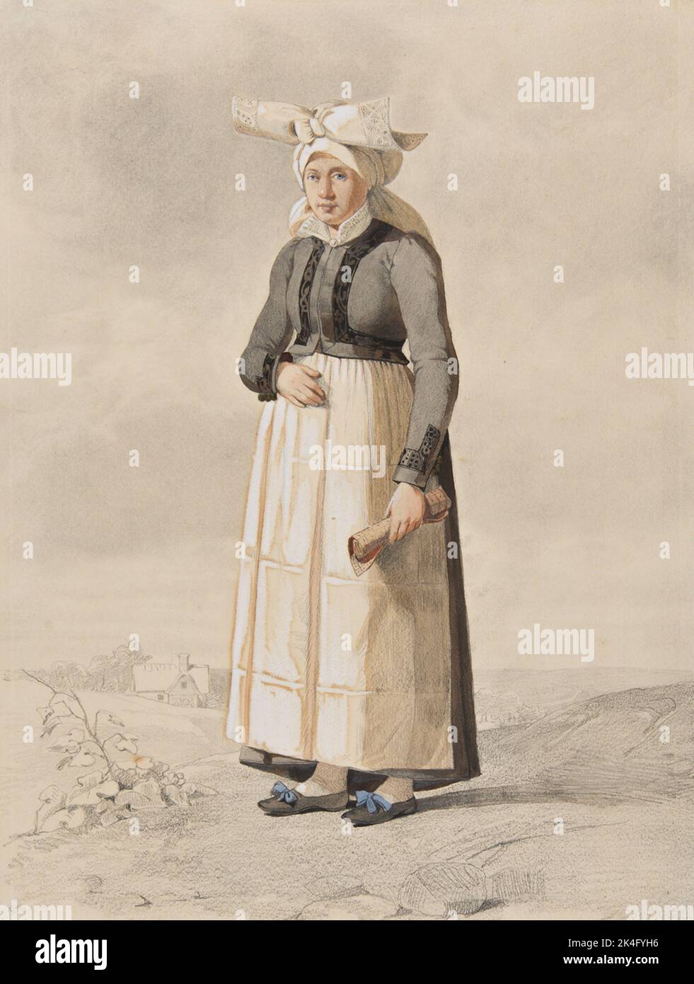 Woman in costume, standing in full figure with a landscape in the ...