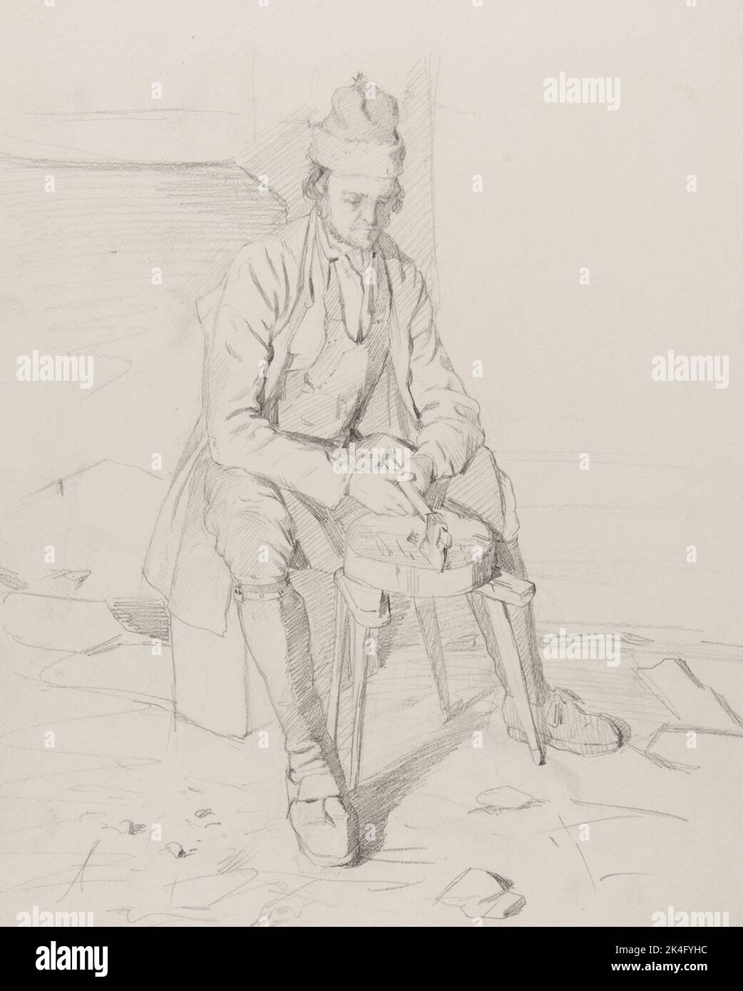 Pencil drawing by J. Kronberg. Sitting man in full figure, with ax Orsa ...