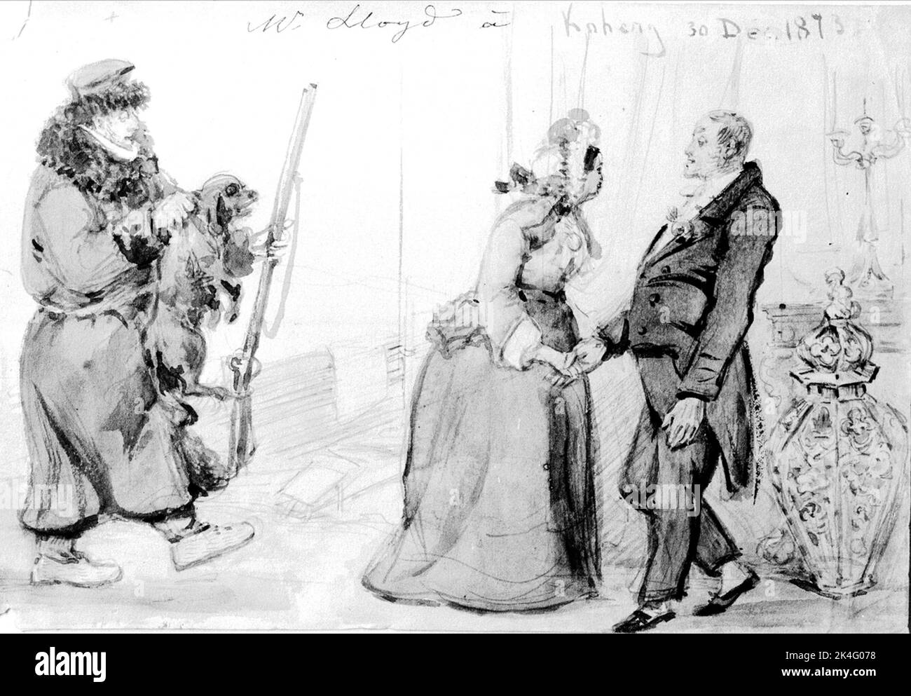 To the left a man wearing a long rock with a fur collar and a fur -edge ...