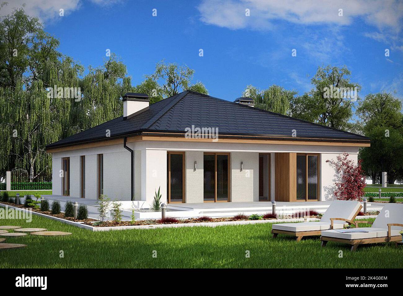 Family rich looking village house with garden, 3d rendering, house ...