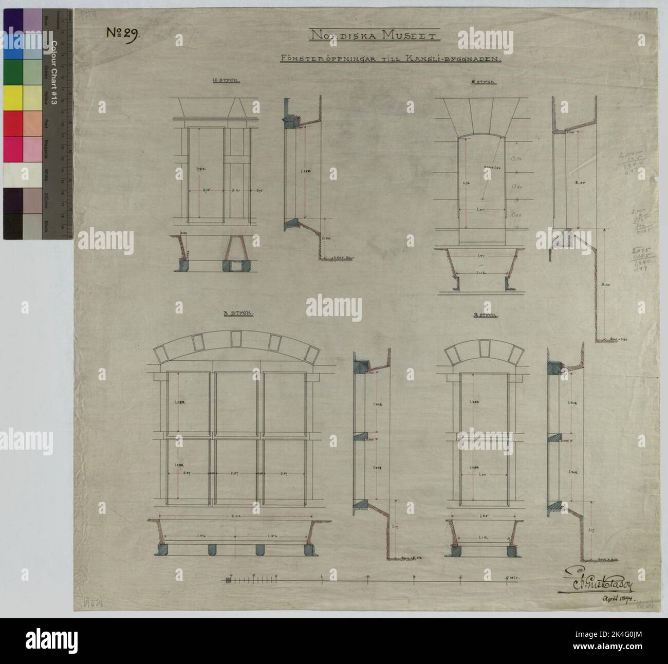 Drawing on weave over the main building of the Nordic Museum. Window ...