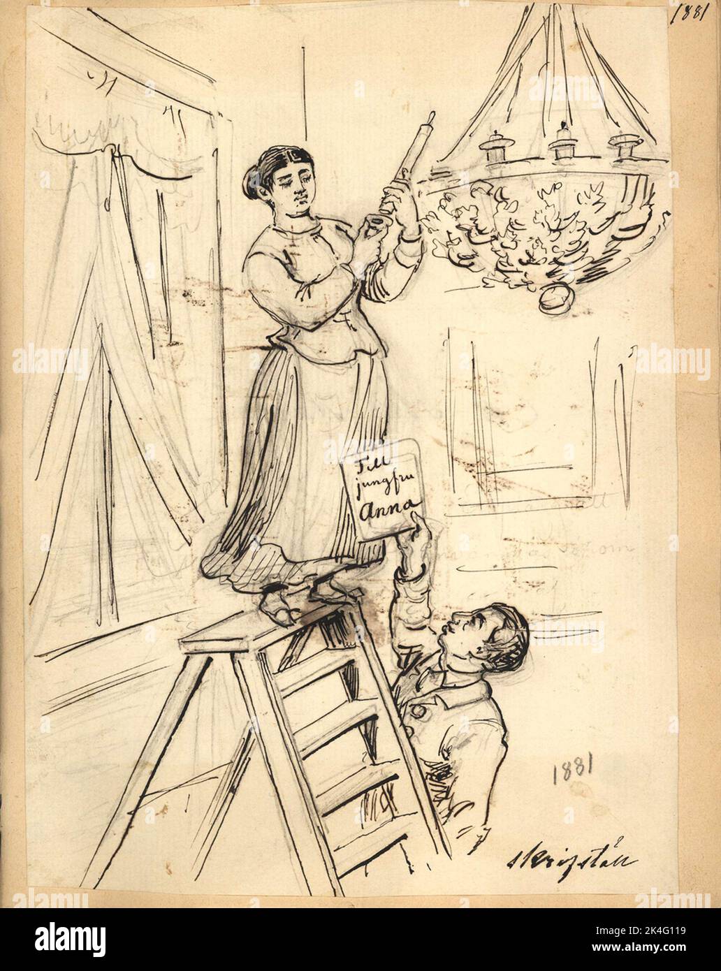 A woman in apron changes light in a chandelier. A man holds the steps ...