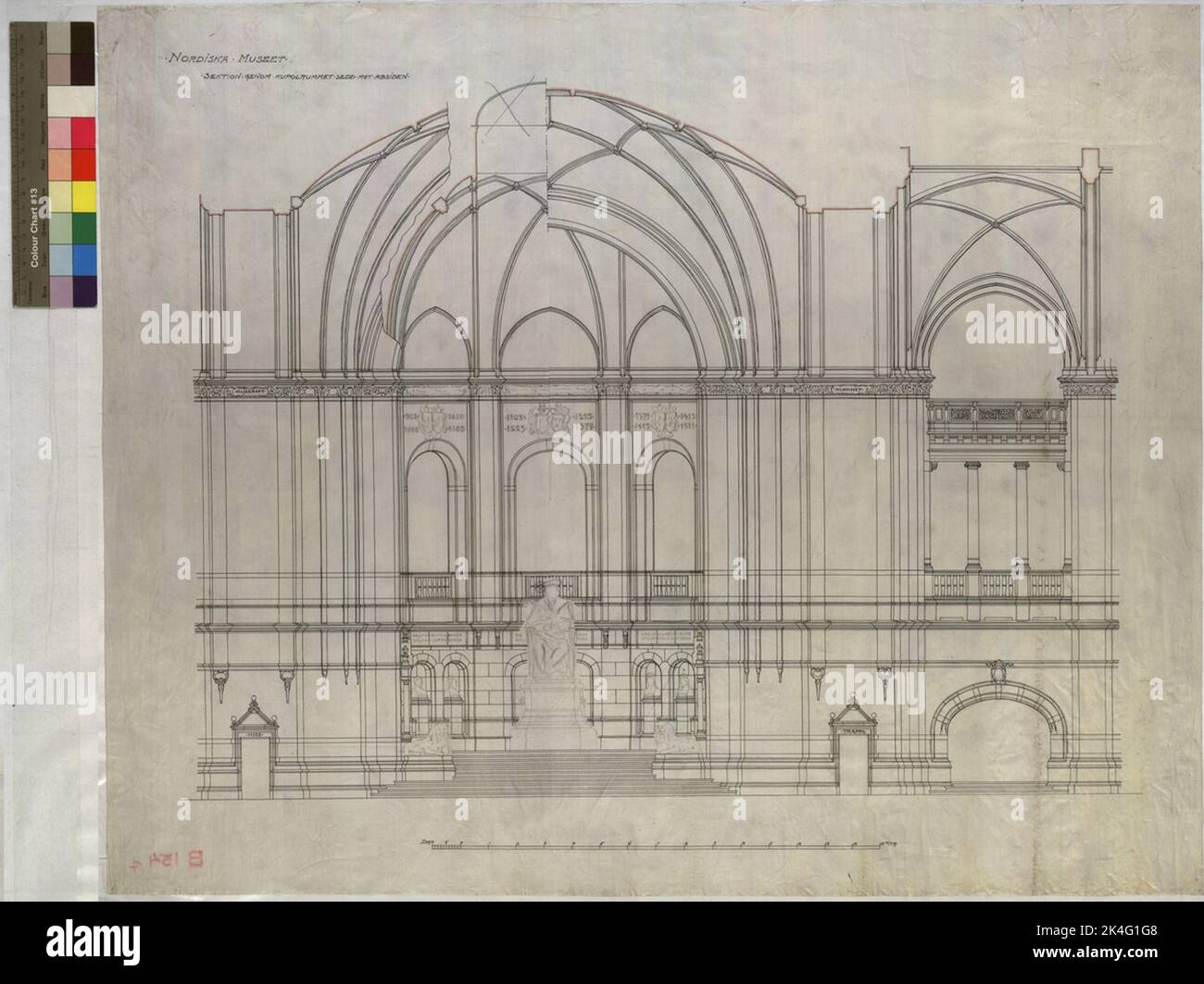 Drawing on weave over the main building of the Nordic Museum. Section ...