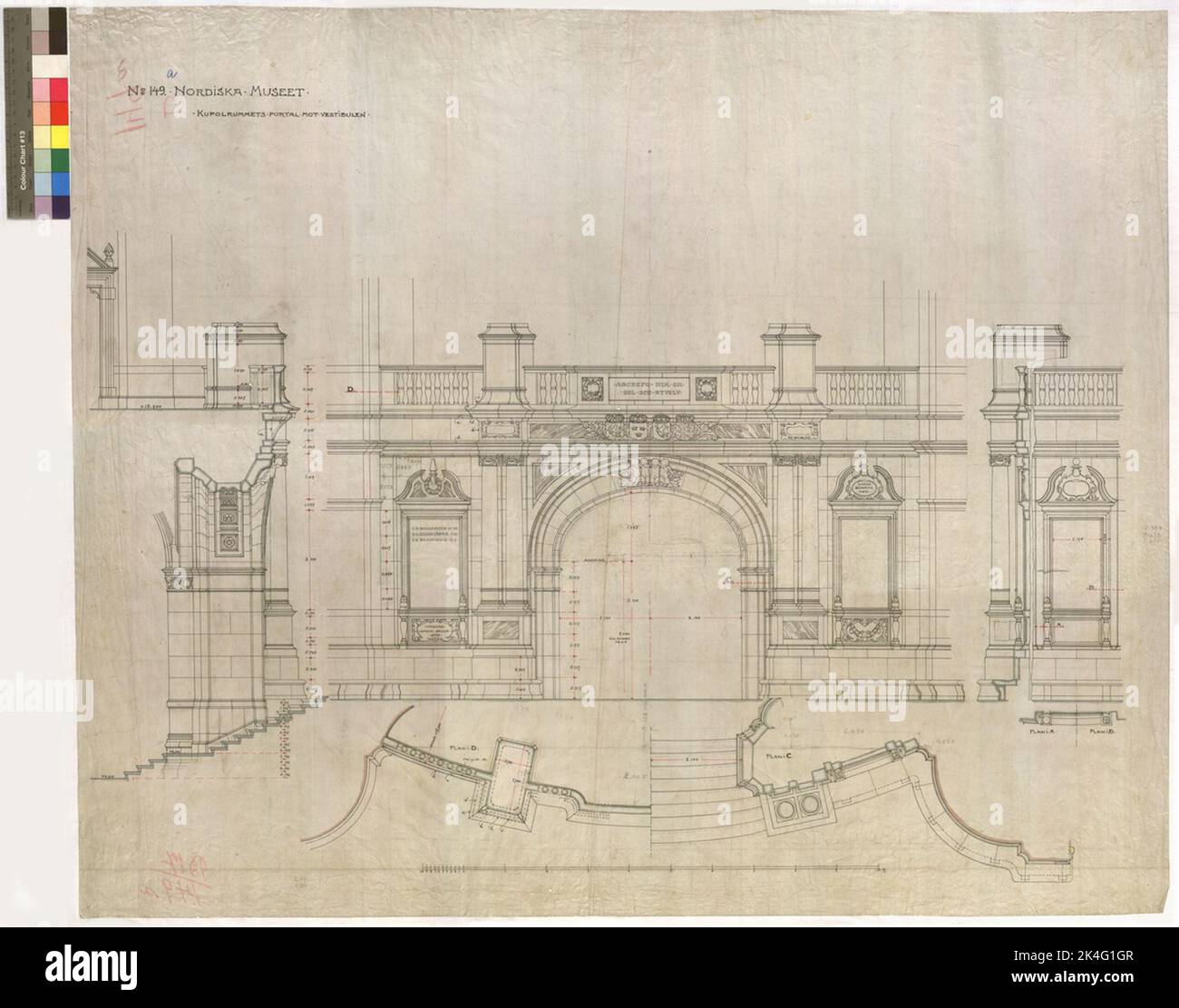 Drawing on weave over the main building of the Nordic Museum. The dome ...