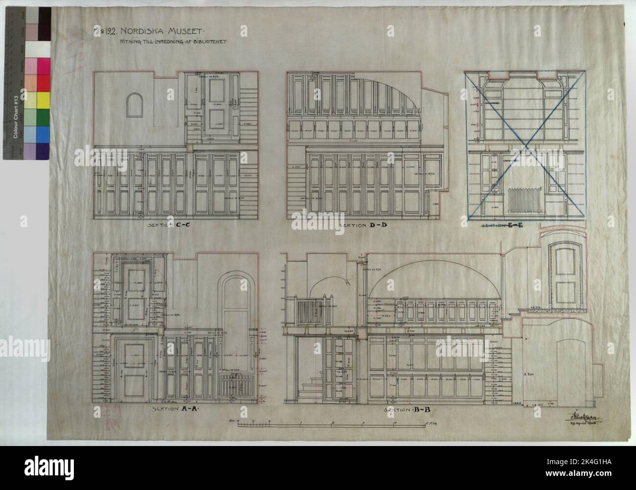 Drawing on weave over the main building of the Nordic Museum. Drawing Creation of the library ...