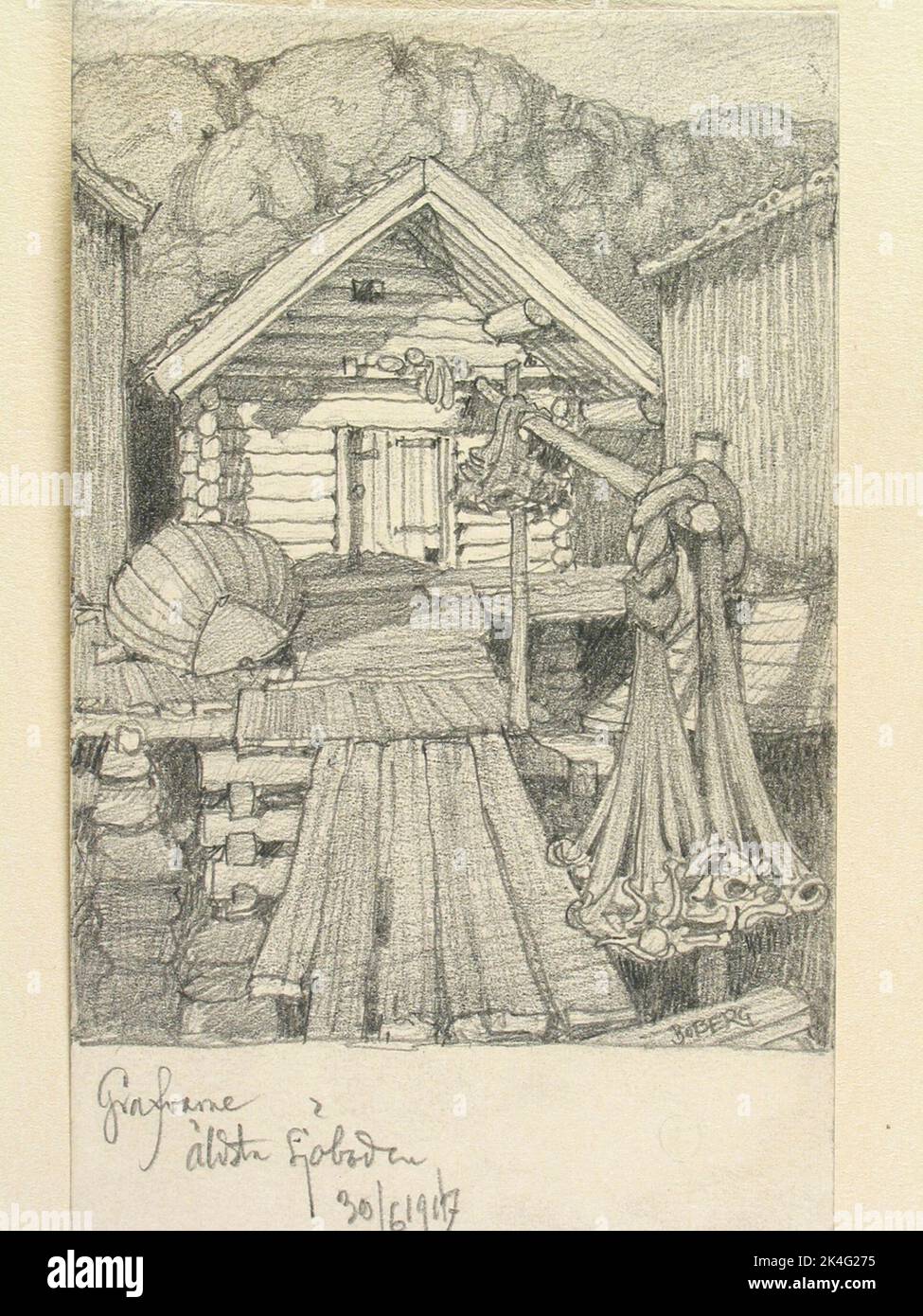 Bohuslän, Gravarne. "Oldest boathouse". Drawing of Ferdinand Boberg ...