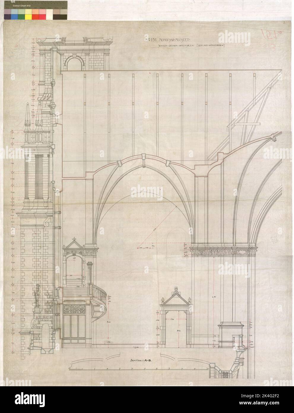 Drawing on weave over the main building of the Nordic Museum. Section ...