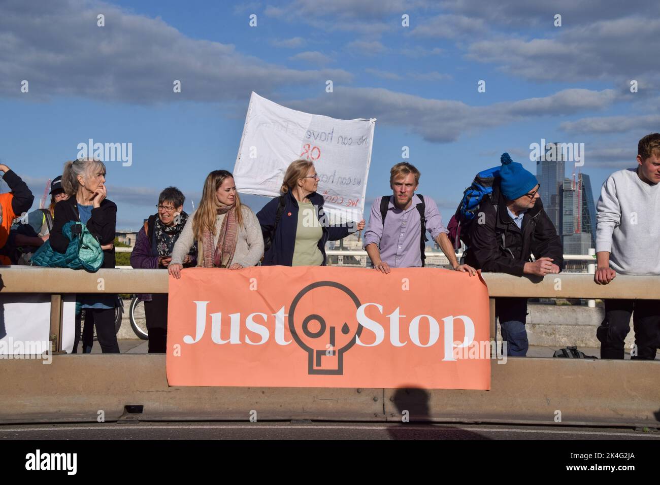 London, England, UK. 2nd Oct, 2022. Just Stop Oil activist on Waterloo ...