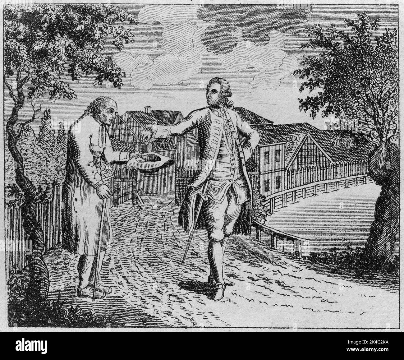 A gentleman gives alms to a beggar. Copper engraving by unknown artist ...