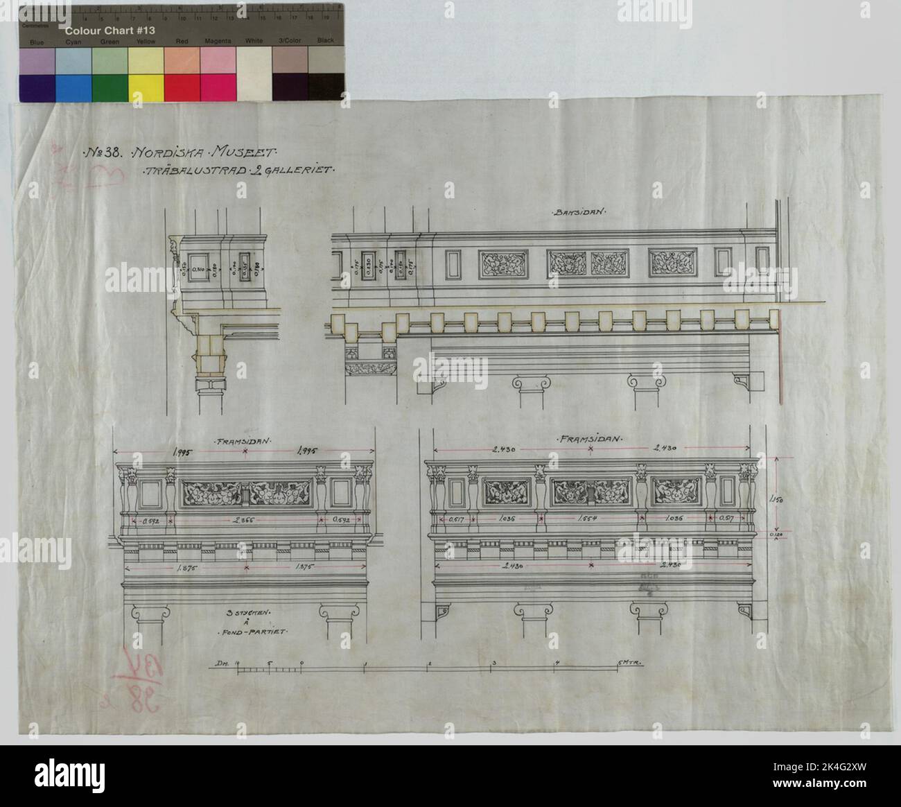 Drawing on weave over the main building of the Nordic Museum. Wooden ...