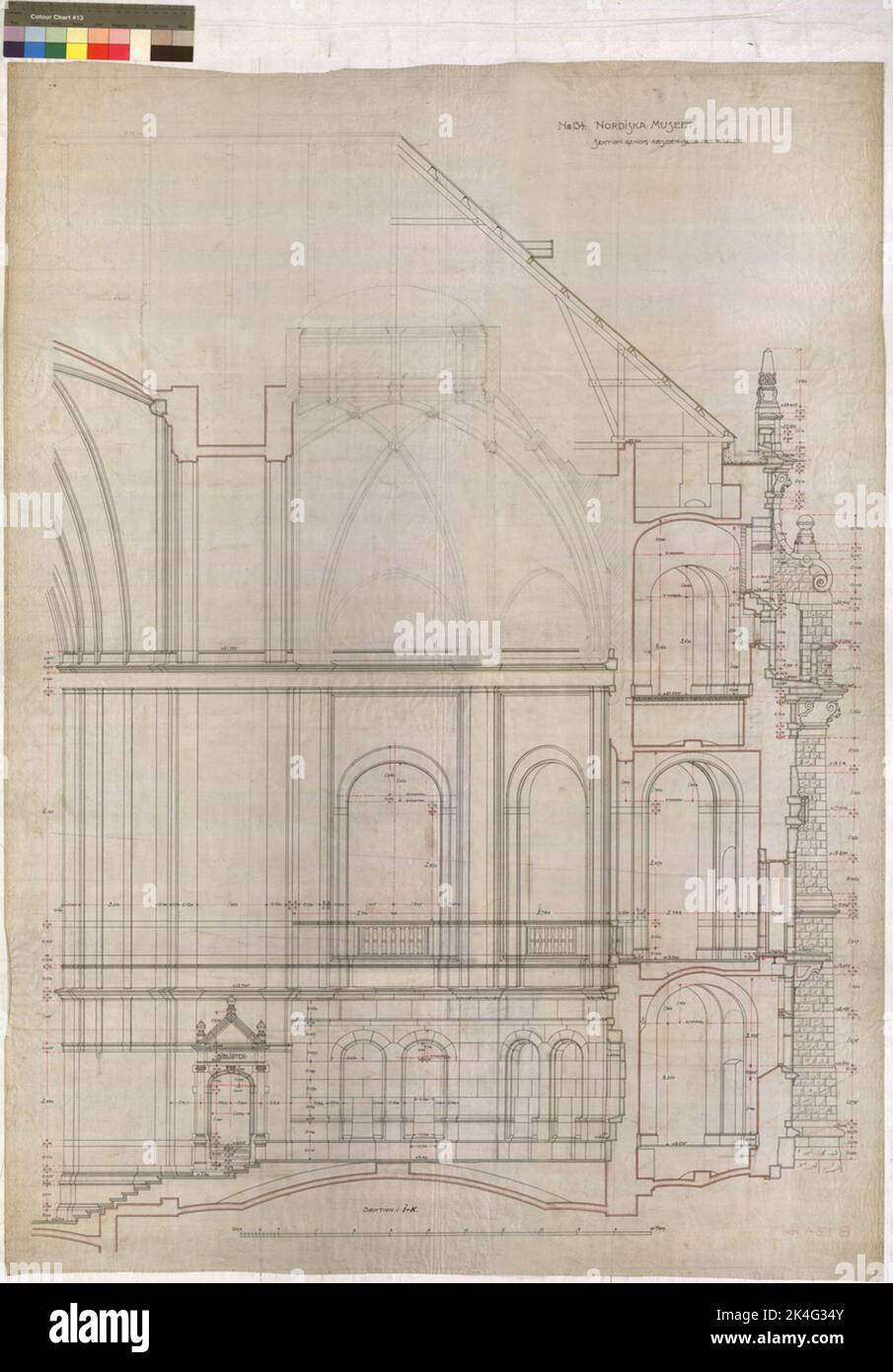 Drawing on weave over the main building of the Nordic Museum. Section ...