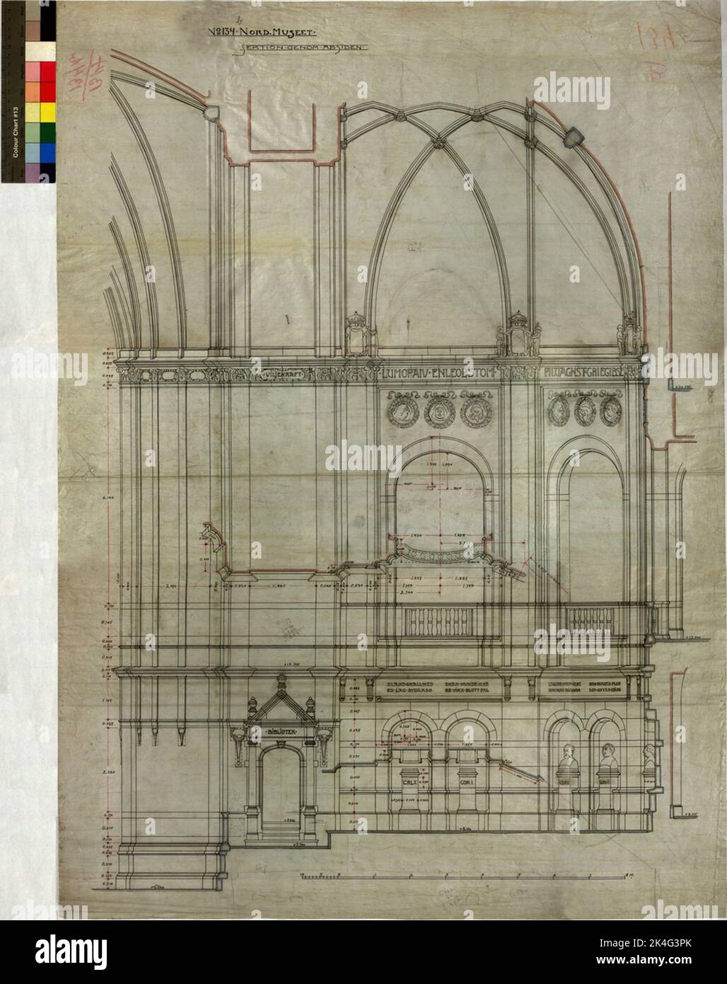 Drawing on weave over the main building of the Nordic Museum. Section ...