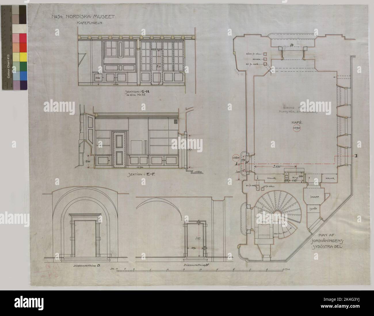 Drawing on weave over the main building of the Nordic Museum. Café wing ...