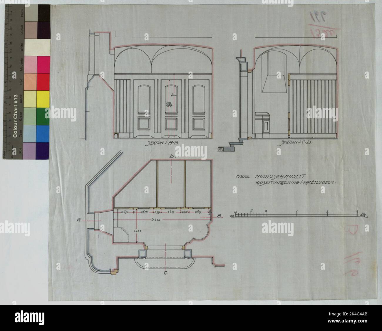 Drawing on weave over the main building of the Nordic Museum. Toilet ...