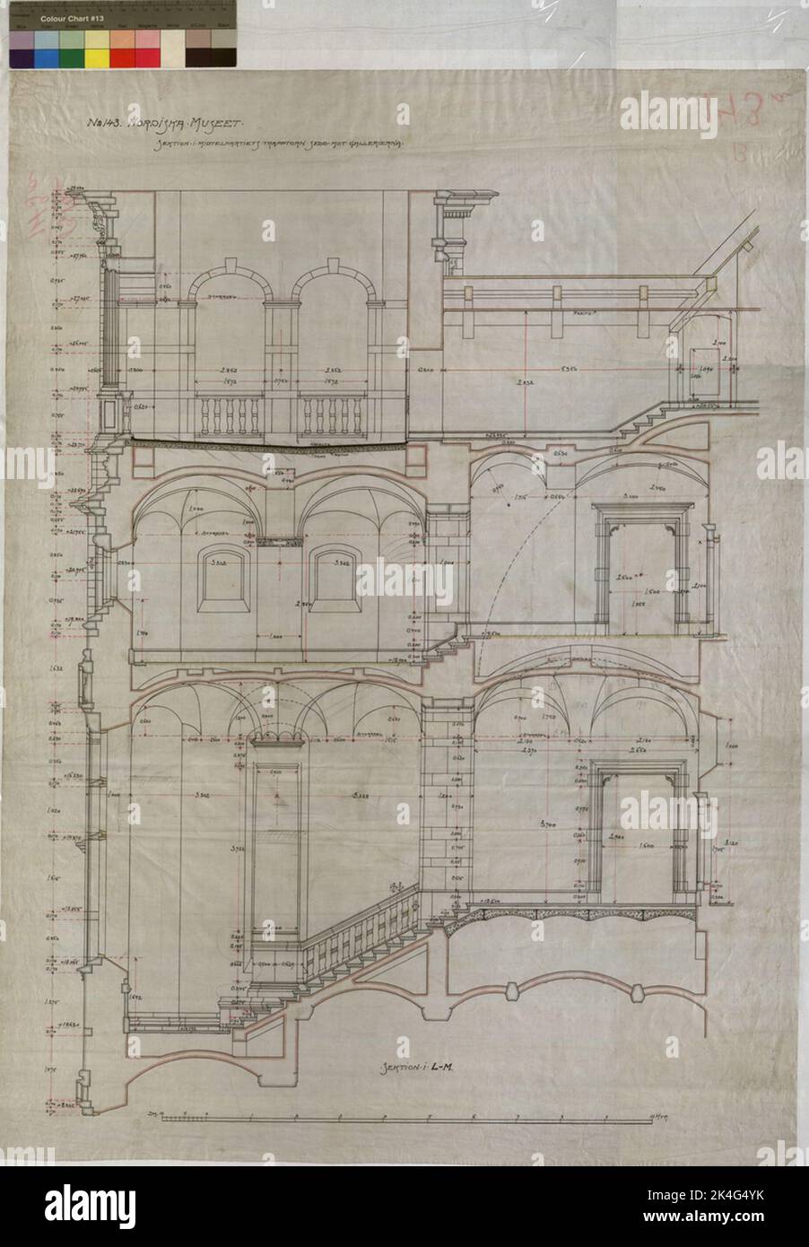Drawing on weave over the main building of the Nordic Museum. Section ...