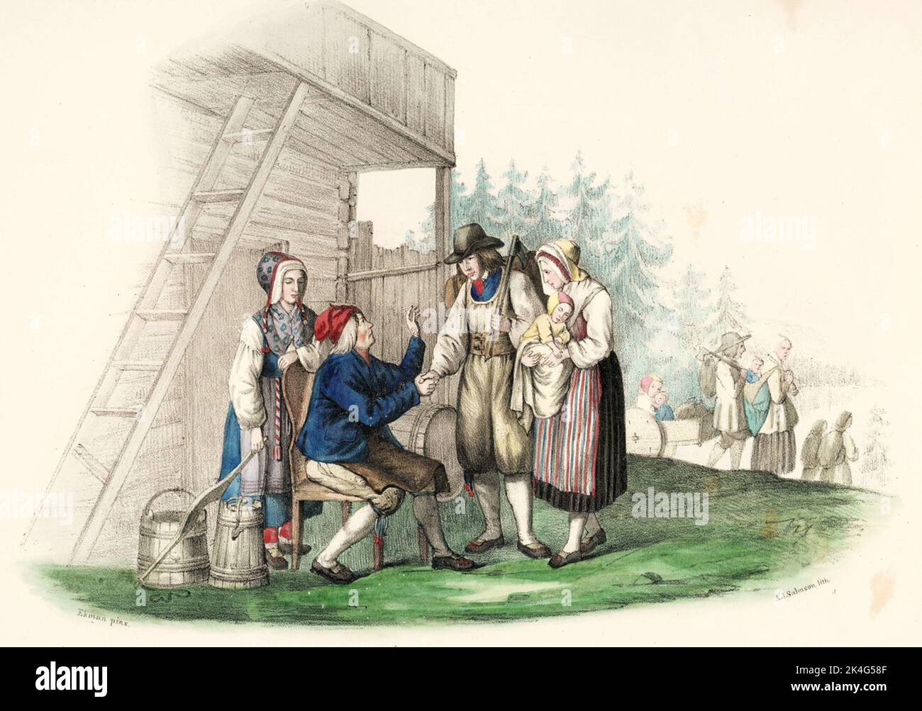 Lithography presents a group of people in common costume outside a ...