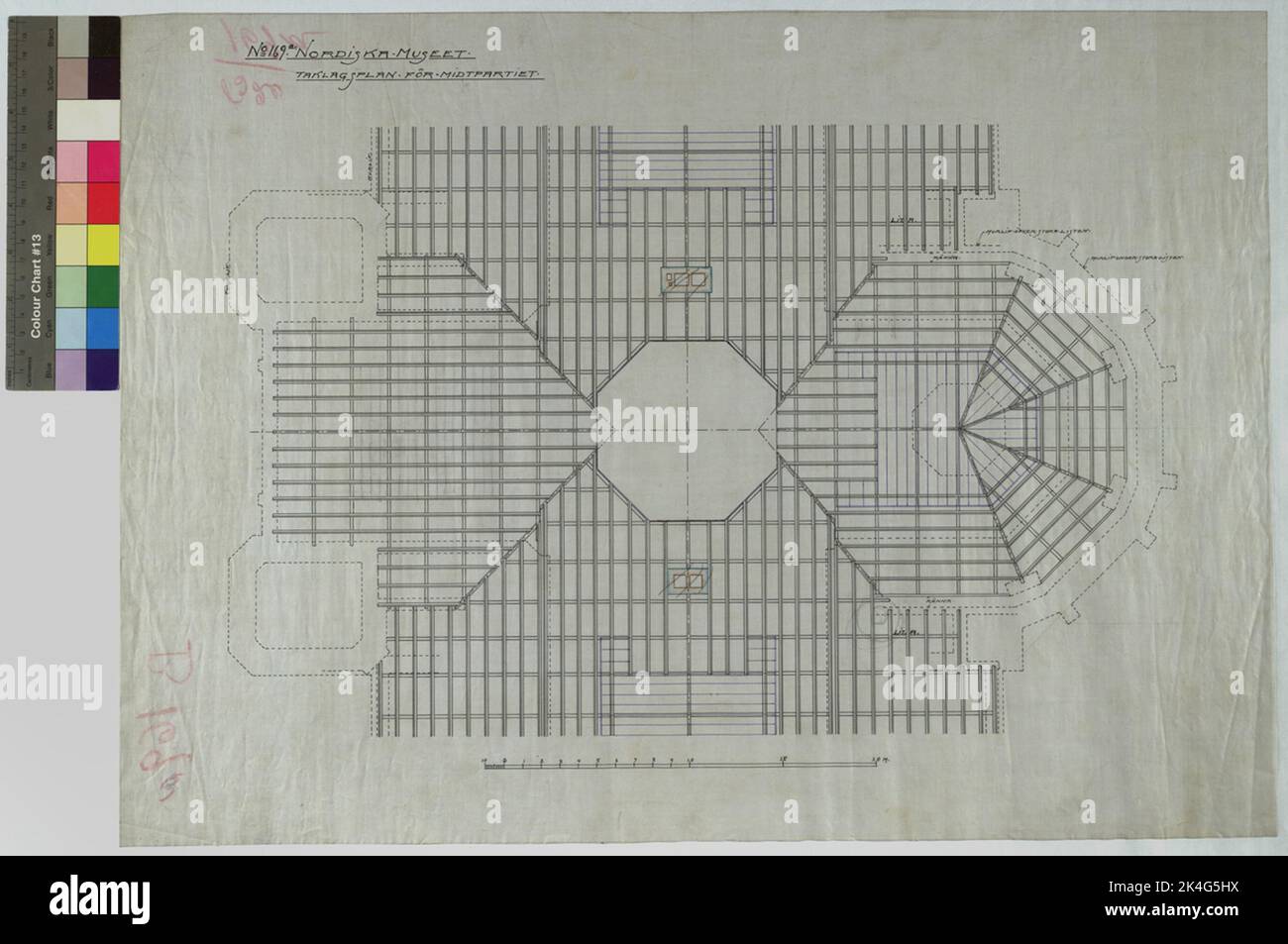 Drawing on weave over the main building of the Nordic Museum. Roofing ...
