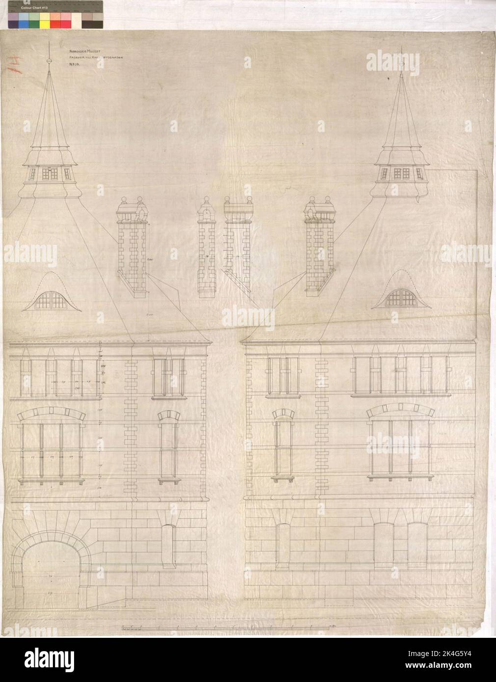 Drawing on weave over the main building of the Nordic Museum. Facades ...