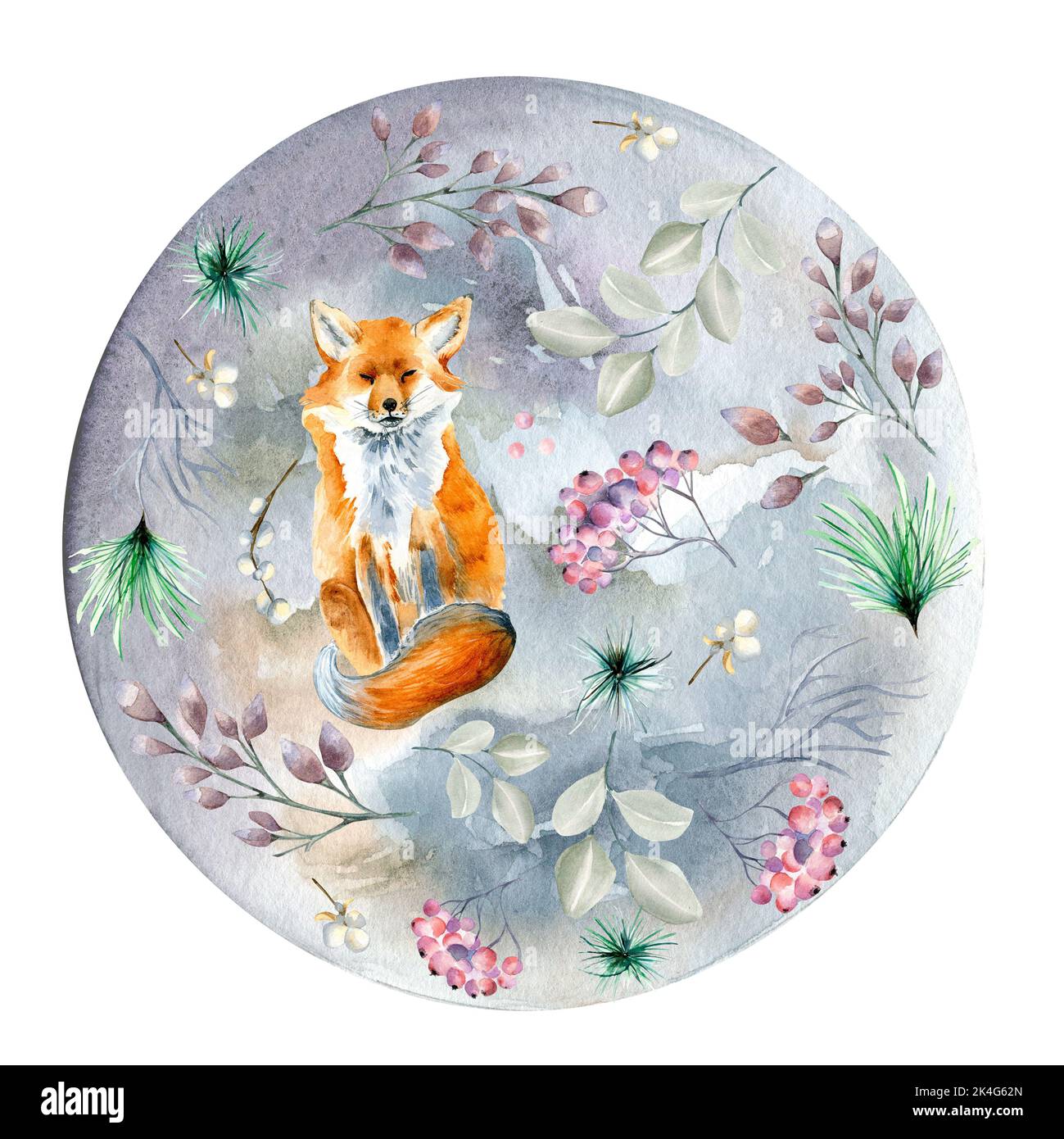 Christmas circle with fox watercolor illustration isolated on white ...